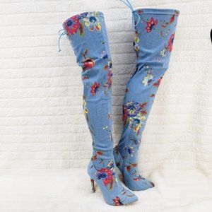 chic | Shoes | Stretch Floral Print Denim Draw String Top High Heel ...